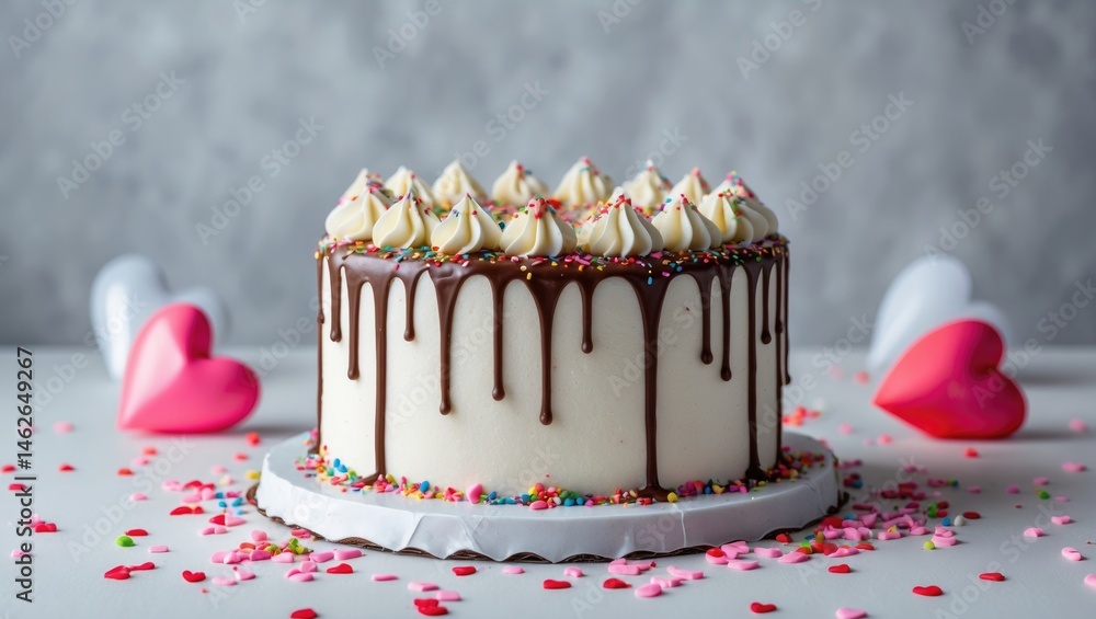 Beautiful drip cake featuring chocolate and sprinkles on a white ...