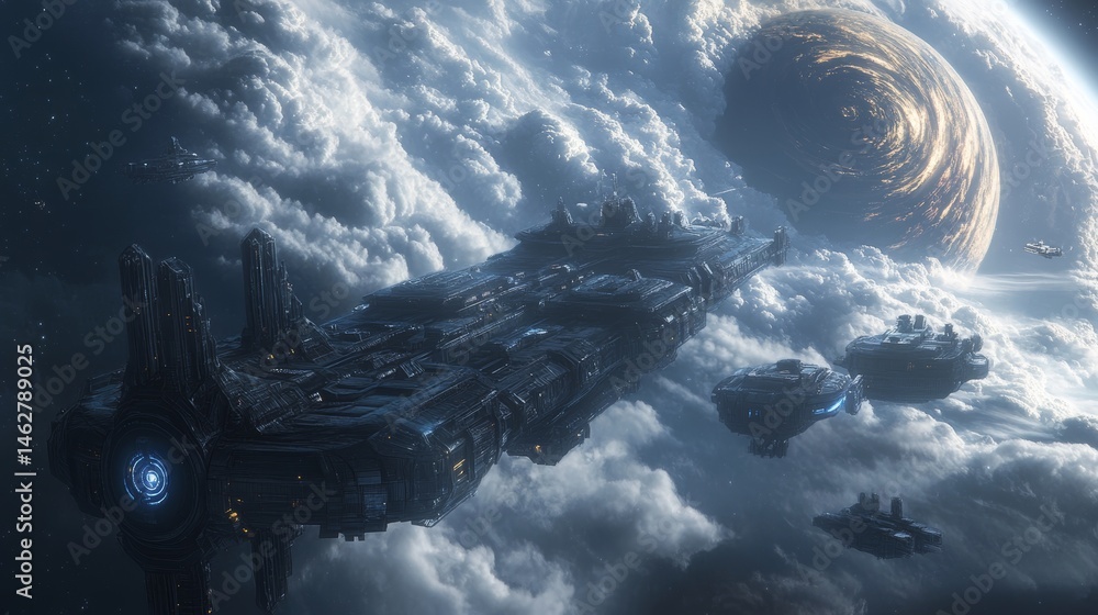 A colossal space station floating in orbit around a massive gas giant ...