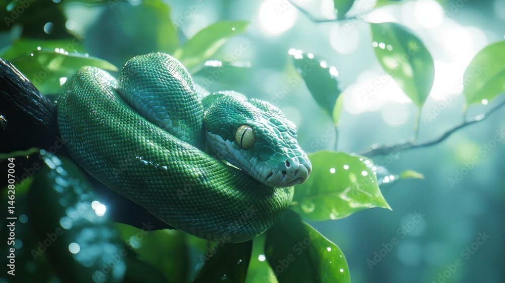 Green tree python coiled on branch, rainforest, morning mist Stock ...
