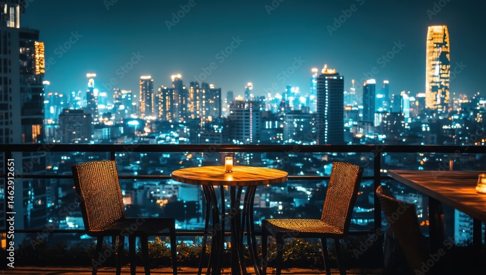 Rooftop bar in Bangkok with a view of the city skyline at night, table ...