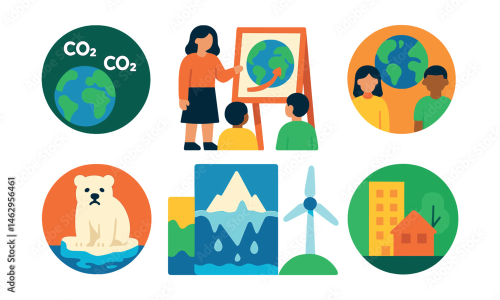Vector de Stock Flat vector icons of climate change education ...