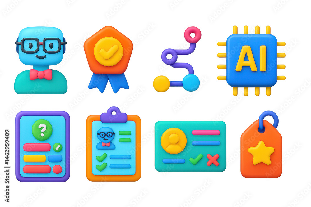 3D icon set of AI in education: smart tutor icon, auto-grading badge ...