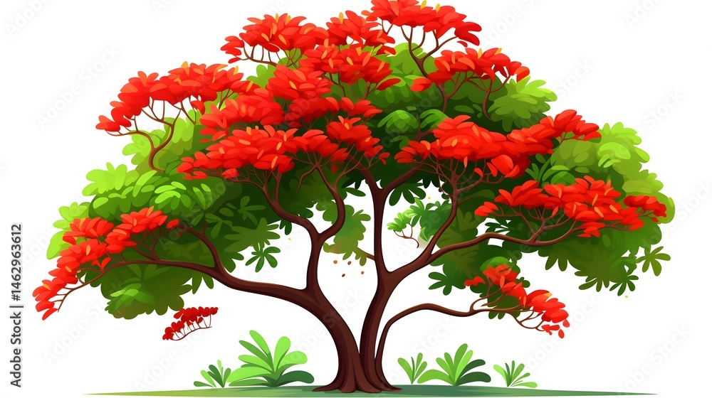 Gulmohar Tree Isolated Flat Vector Illustration - Detailed Botanical ...