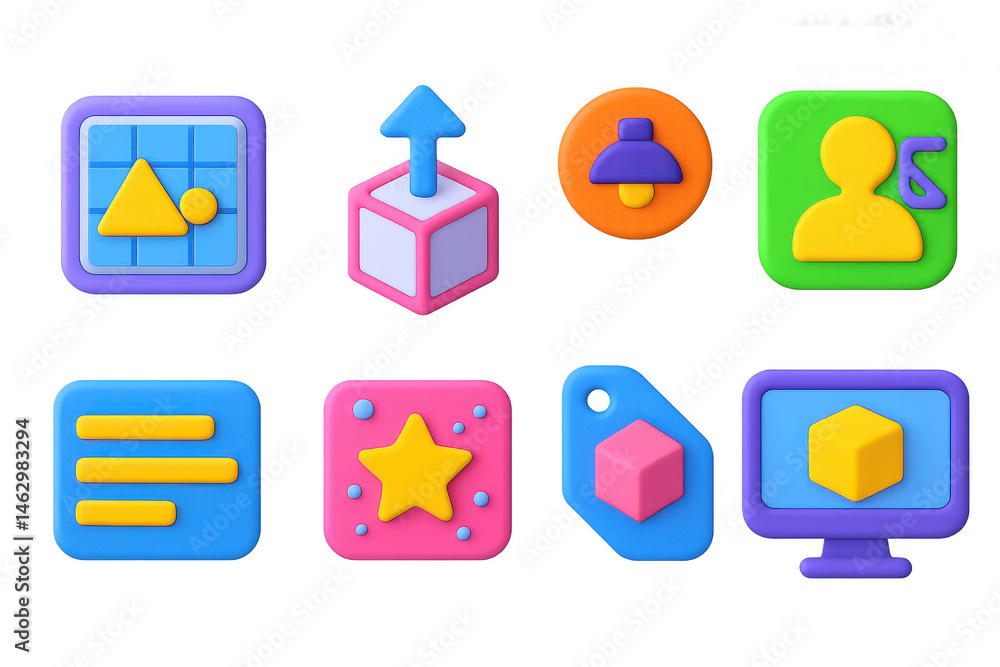 3D icon set of AR content creation tools: scene editor icon, object ...