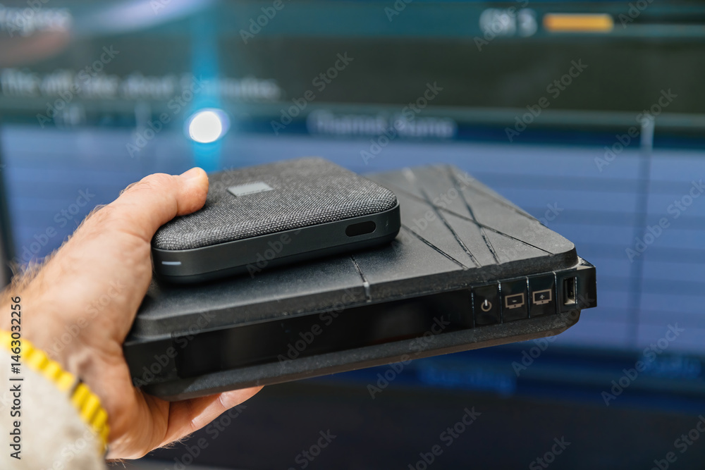 Paris, France - Feb 17, 2025: A hand holds two Orange Livebox internet ...