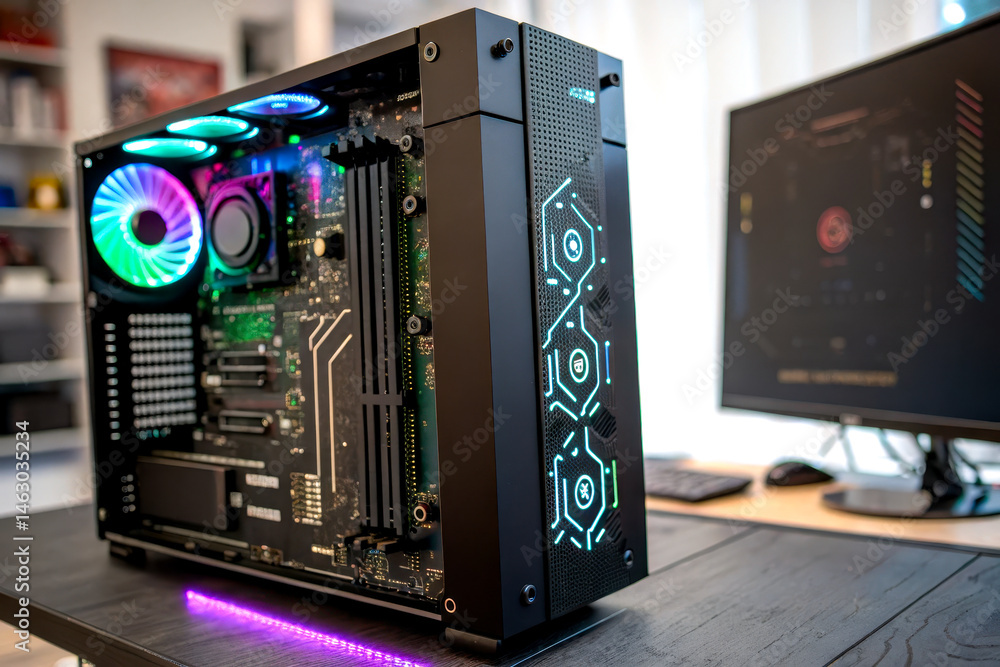A modern gaming PC with RGB lighting is displayed on a desk beside a ...