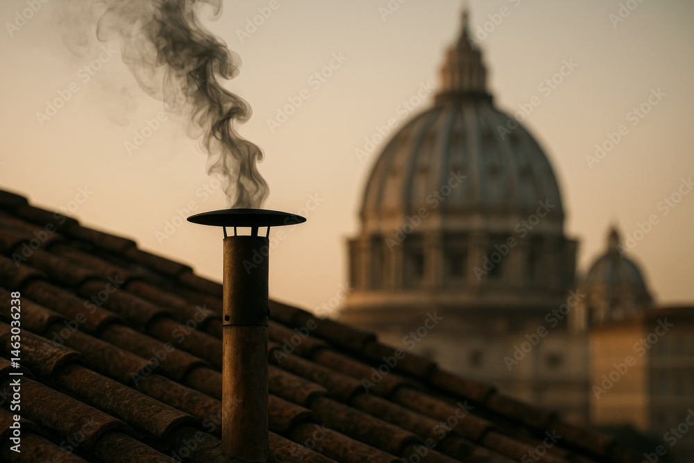 Stock-Illustration „Black smoke rising from chimney on Vatican rooftop, signaling no new pope ...