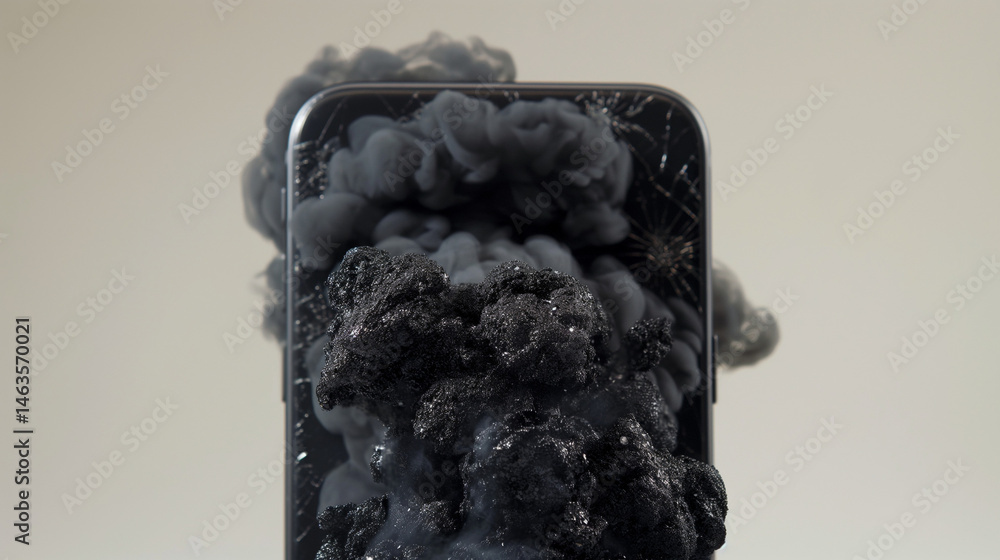 Broken smartphone screen with dark smoke coming out, representing ...
