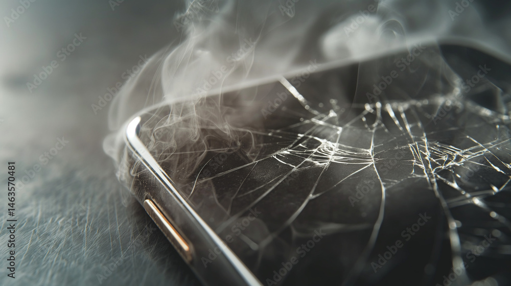 Broken smartphone screen with dark smoke coming out, representing ...