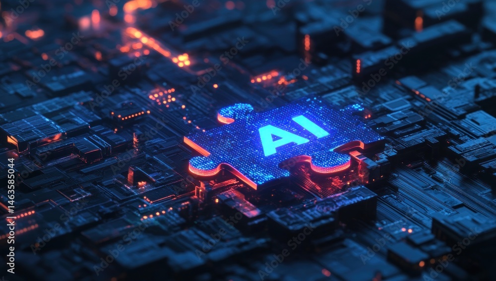 integrated ai puzzle piece glowing amidst intricate circuit board ...