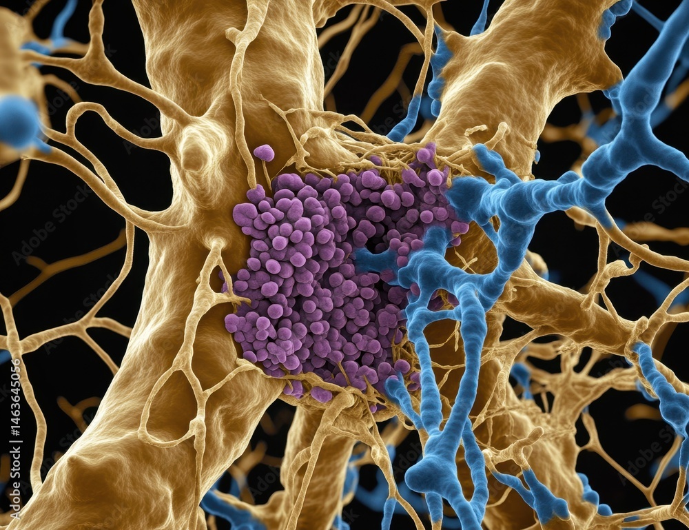 Fotografie Microscopic view of nerve cells and clusters of purple ...