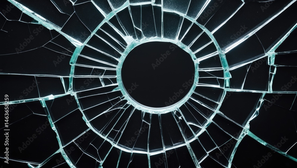 Crack and fracture design on shattered glass with a hole in the window ...