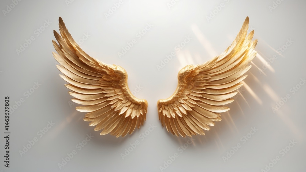 Shiny gold-colored metal wing with feather details, fantasy-inspired ...