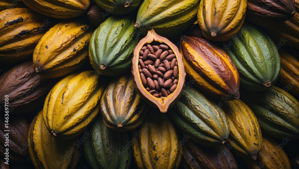 Cracked cocoa pod revealing fresh cacao seeds in a rainforest ...