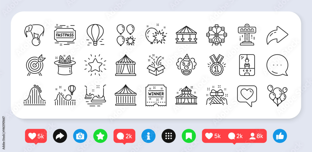 Amusement park line icons. Social media: share, comment, like icons. Set of Circus, Carousel and ...