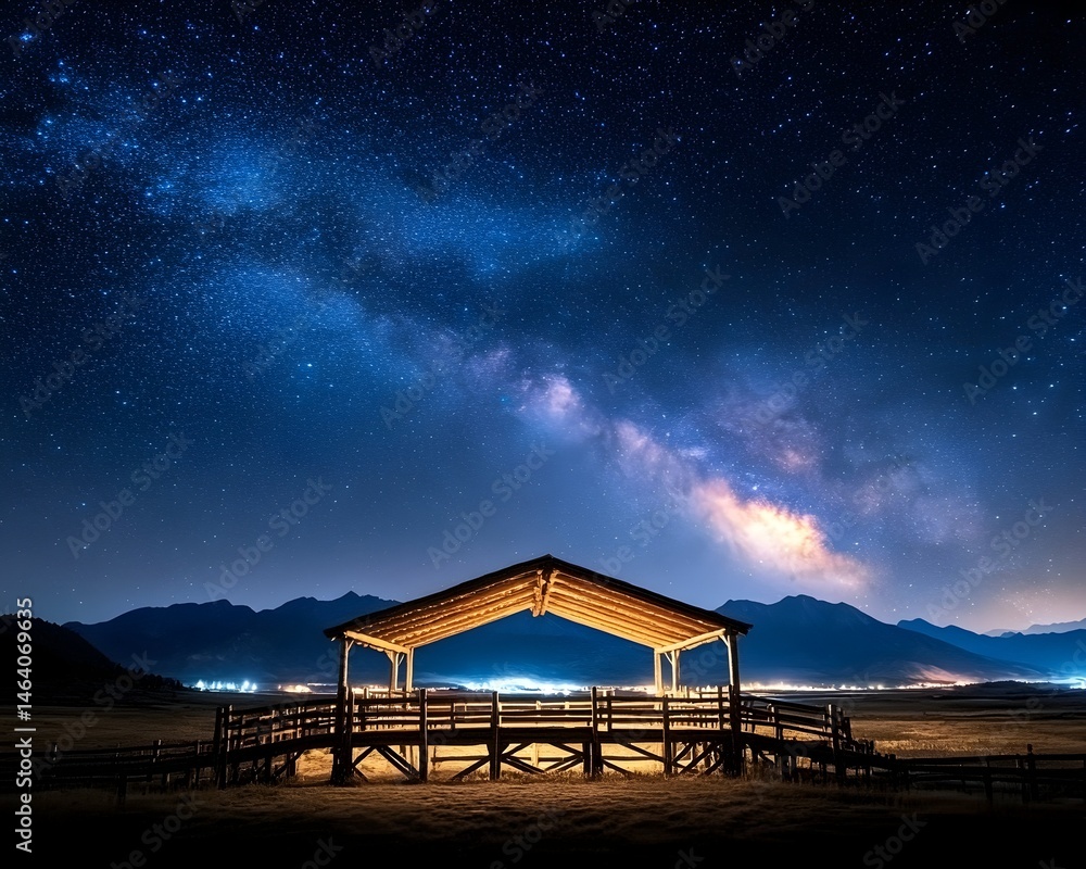 Starry night sky over a rustic wooden structure in a vast field ...