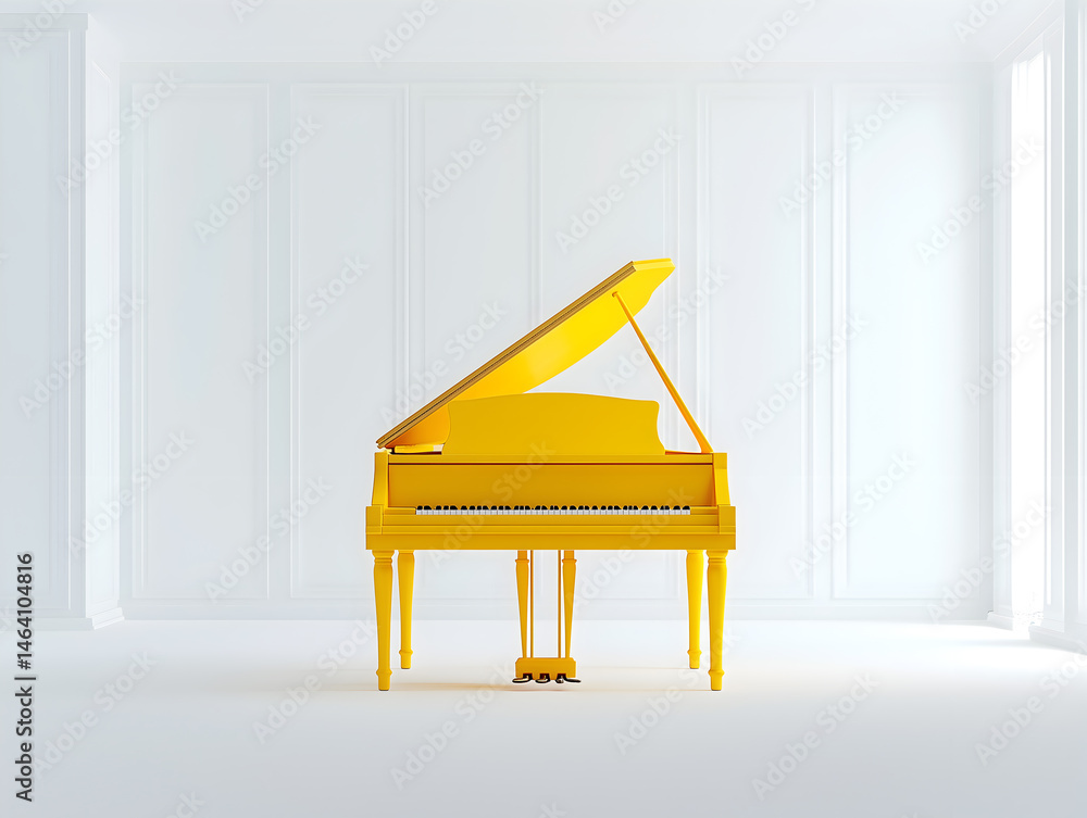 Bright yellow grand piano stands in a white minimalist interior with ...