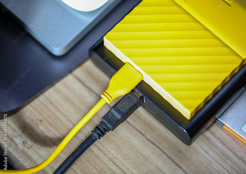 The USB hard disk is plugged into the back of the computer monitor ...