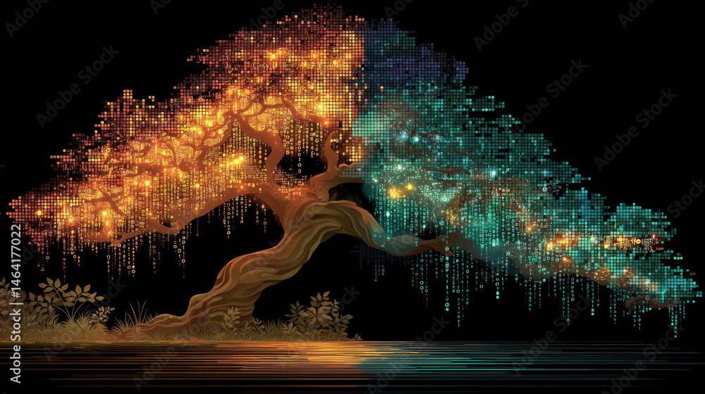 Hybrid tree merging nature and technology with glowing codes on one ...
