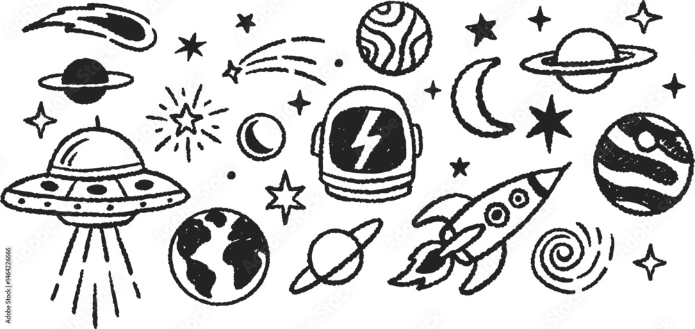 Hand drawn space theme vector illustration set with UFOs, rockets ...