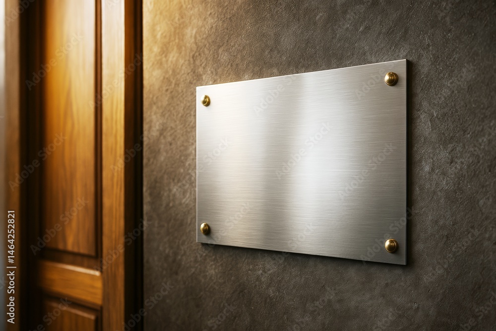 Blank metallic signage mockup on textured wall near wooden door for ...