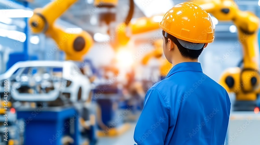 Engineer overseeing automotive assembly with robotic arms and vehicle chassis. Advanced ...