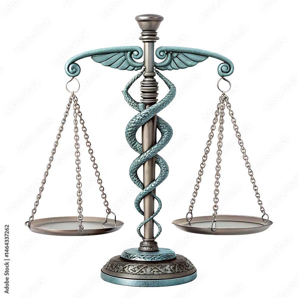 Artistic illustration of justice scale with caduceus snake symbol on ...