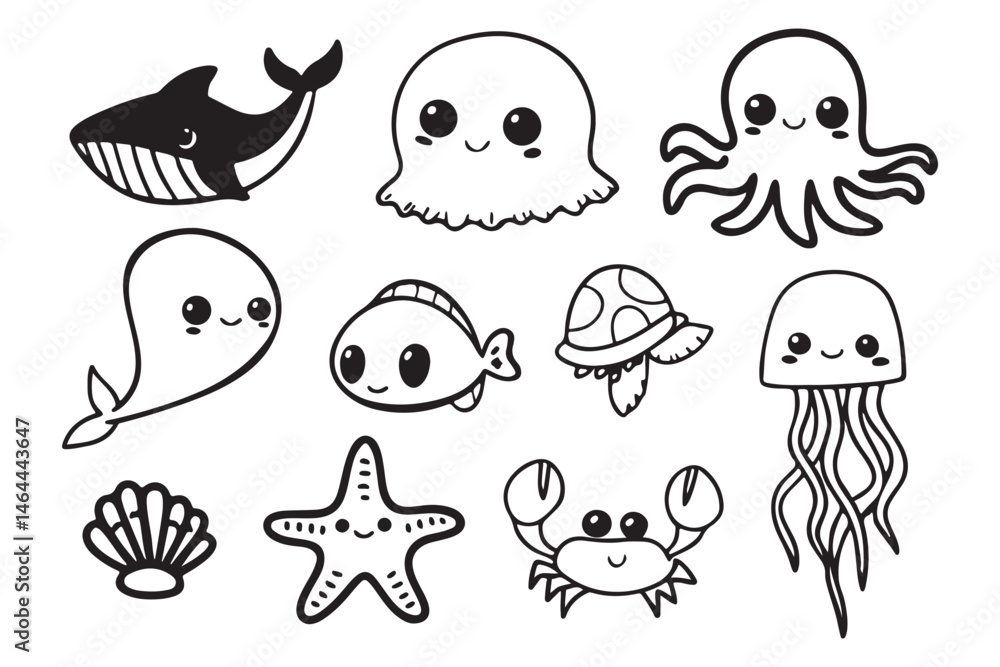 Cute Sea Animal Clipart Collection for Kids, Black and White Ocean ...