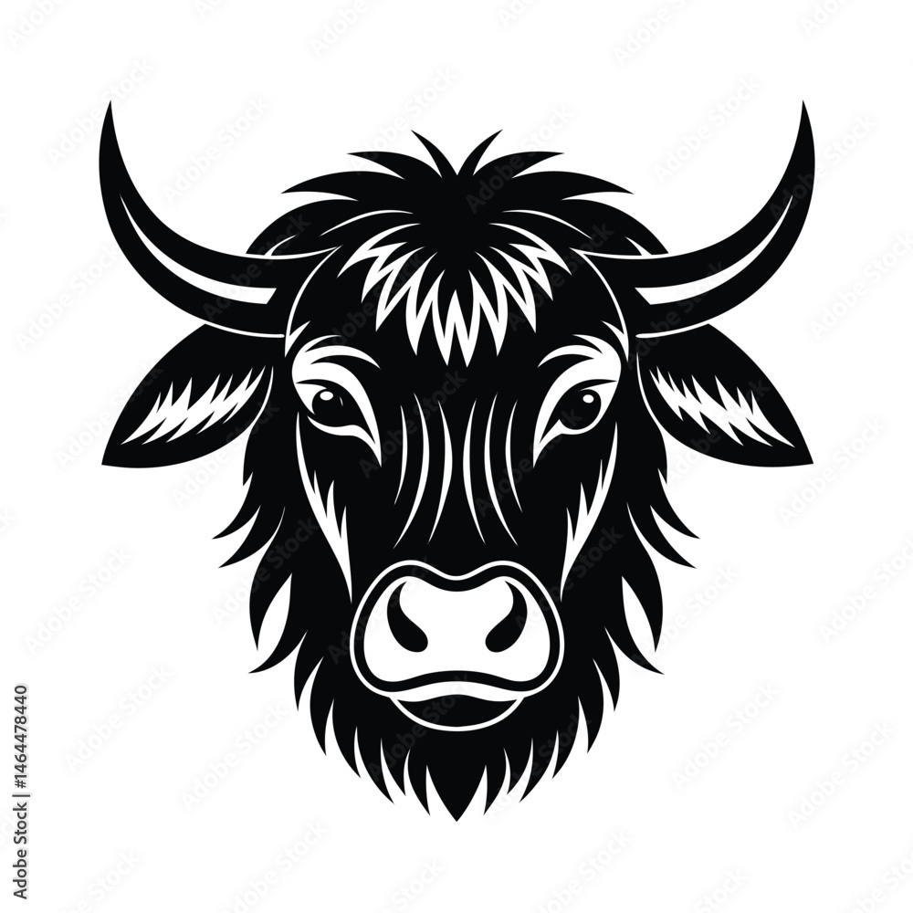 Elegant black and white illustration of a yak head depicting a powerful ...