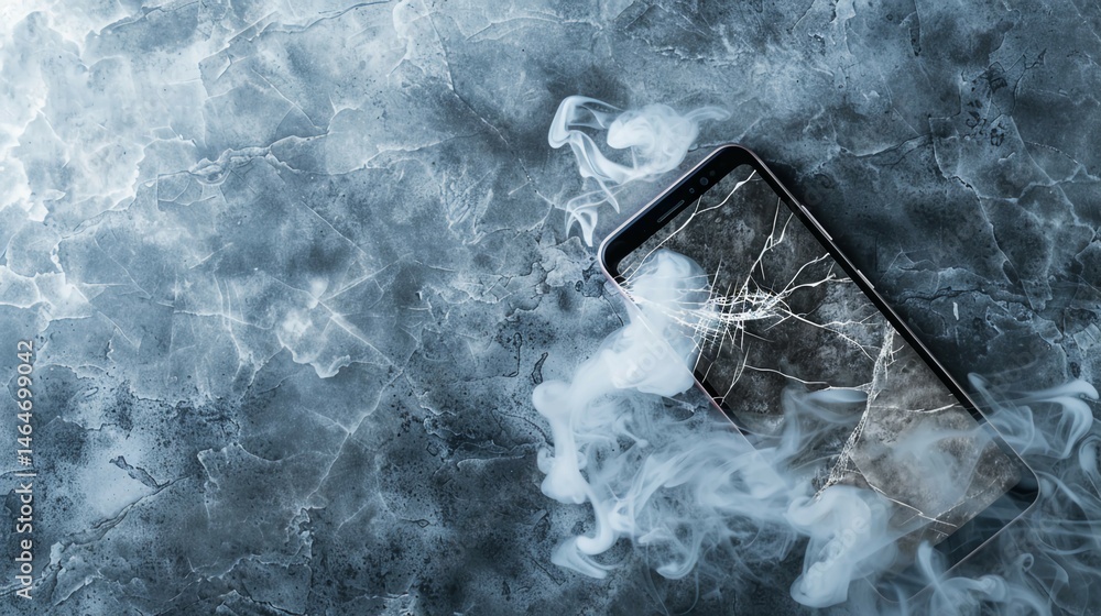 Broken smartphone screen with dark smoke coming out, representing ...