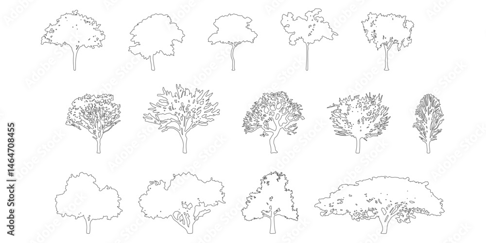 Стоковое векторное изображение «silhouette tree line drawing set, Side view, set of graphics ...