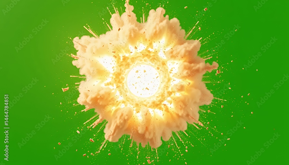Fiery Spherical Explosion of Orange and Yellow Smoke Isolated on Green ...