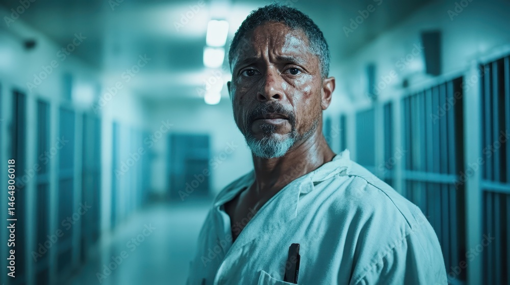 In a stark prison corridor, a man with an intense gaze stands ...