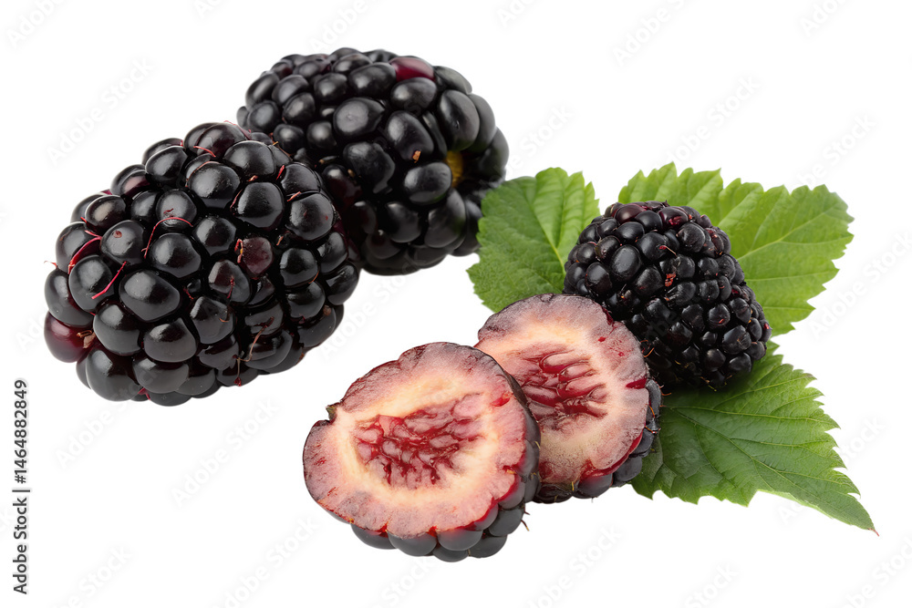 Delicious fresh transparent blackberries and cross sections on a transparent background image ...