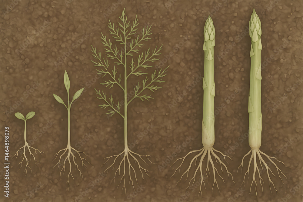 Illustration of asparagus growth stages from seedling to mature spears ...