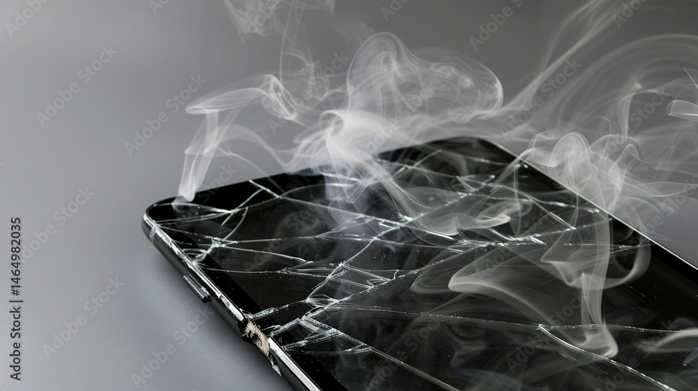 Ilustración de Stock Broken smartphone screen with dark smoke coming ...