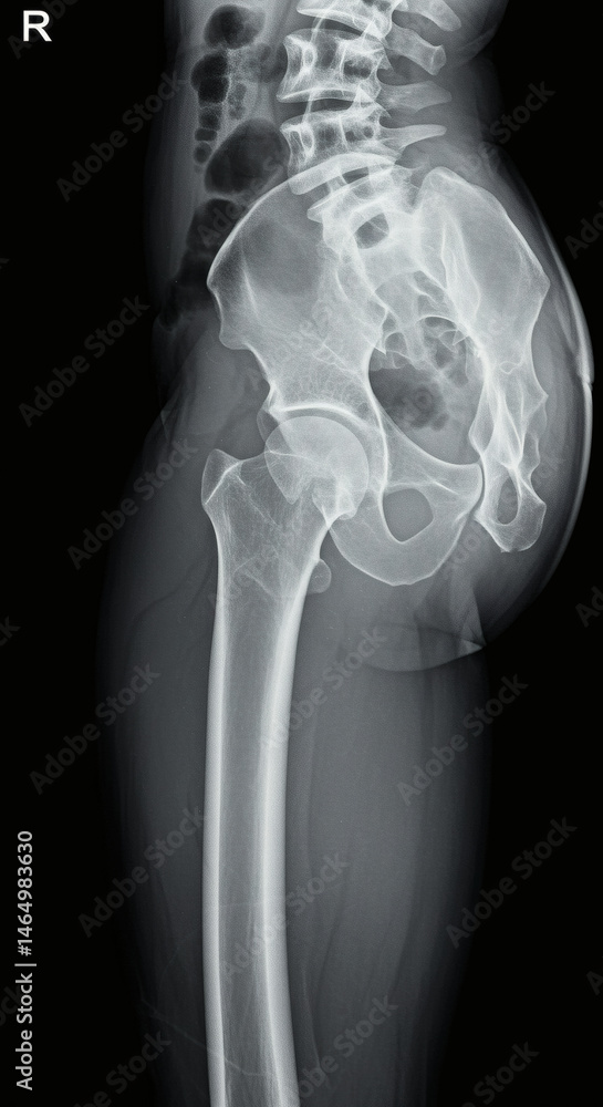 Frog‑leg lateral hip X‑ray, femoral neck fully profiled, smooth soft ...