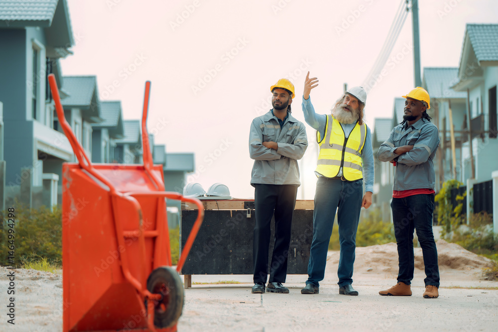 Construction engineer with two team members wearing hard hats and ...