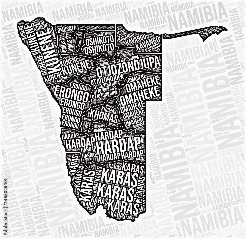 Namibia regions map word cloud. Namibia region names. Black and white ...
