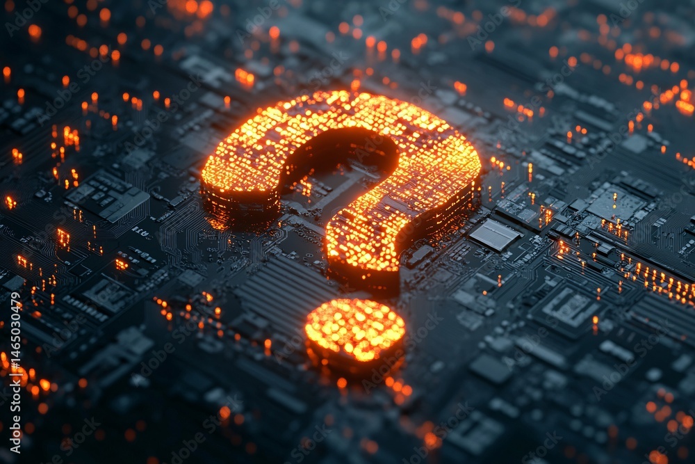 Glowing digital question mark made of binary code on a futuristic ...