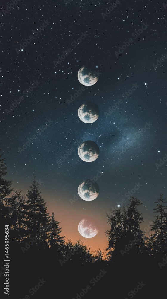 Four phases of the moon are aligned vertically above a forest ...