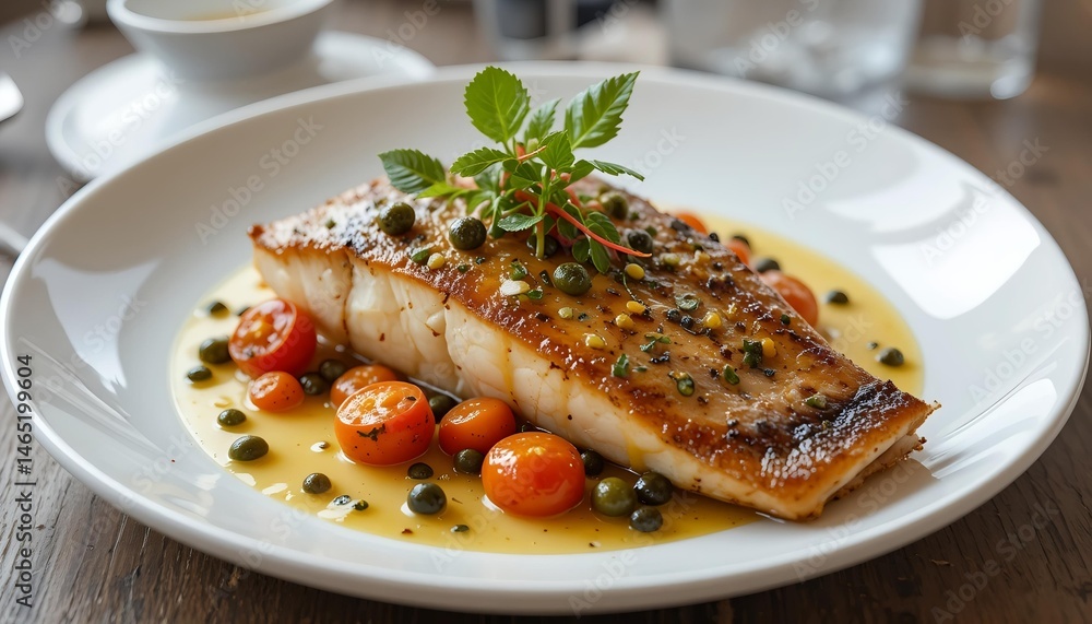 Pan-seared sea bass fillet with crispy skin, roasted tomatoes, capers ...