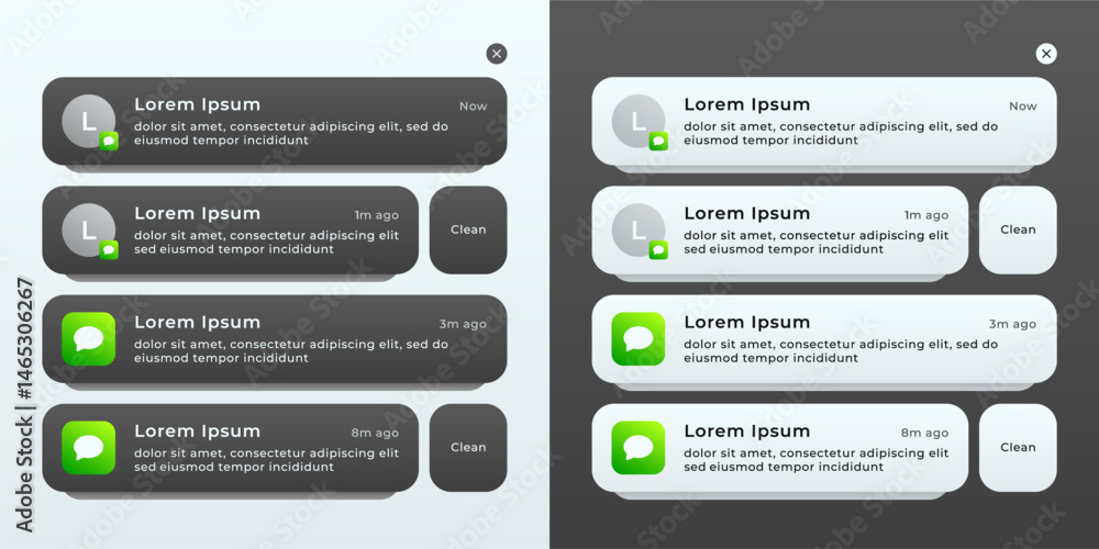 Vetor Set of pop-up push notification templates for dark and light ...