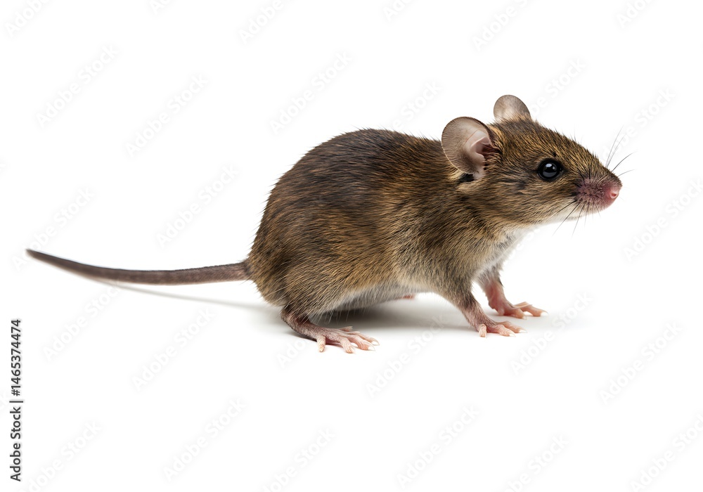 A brown house mouse standing on a white surface in a studio setting ...