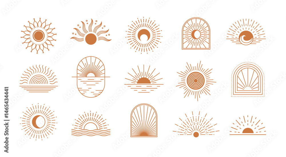 Bohemian sun. Abstract boho suns and arc windows, sunburst. Bohemian ...