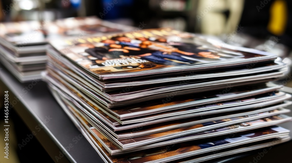 Stacked magazines on a table, showcasing vibrant covers and glossy ...