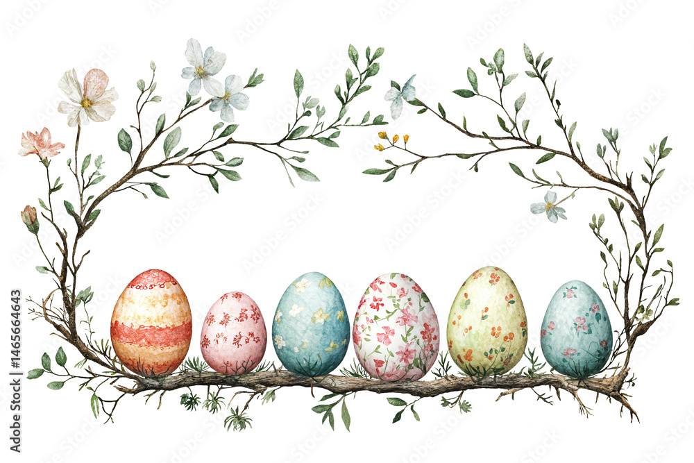 Easter border frame with colorful eggs, white spring flowers,leaves and ...