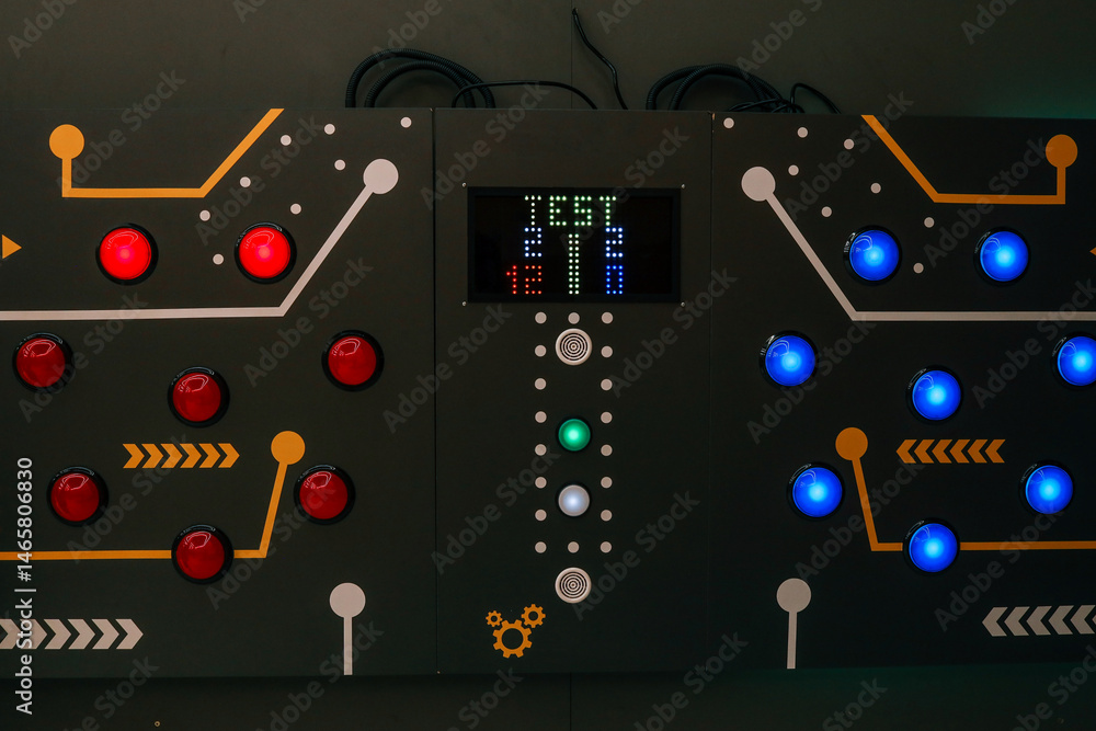 Interactive game wall panel labeled "Battle Room" with glowing red and ...