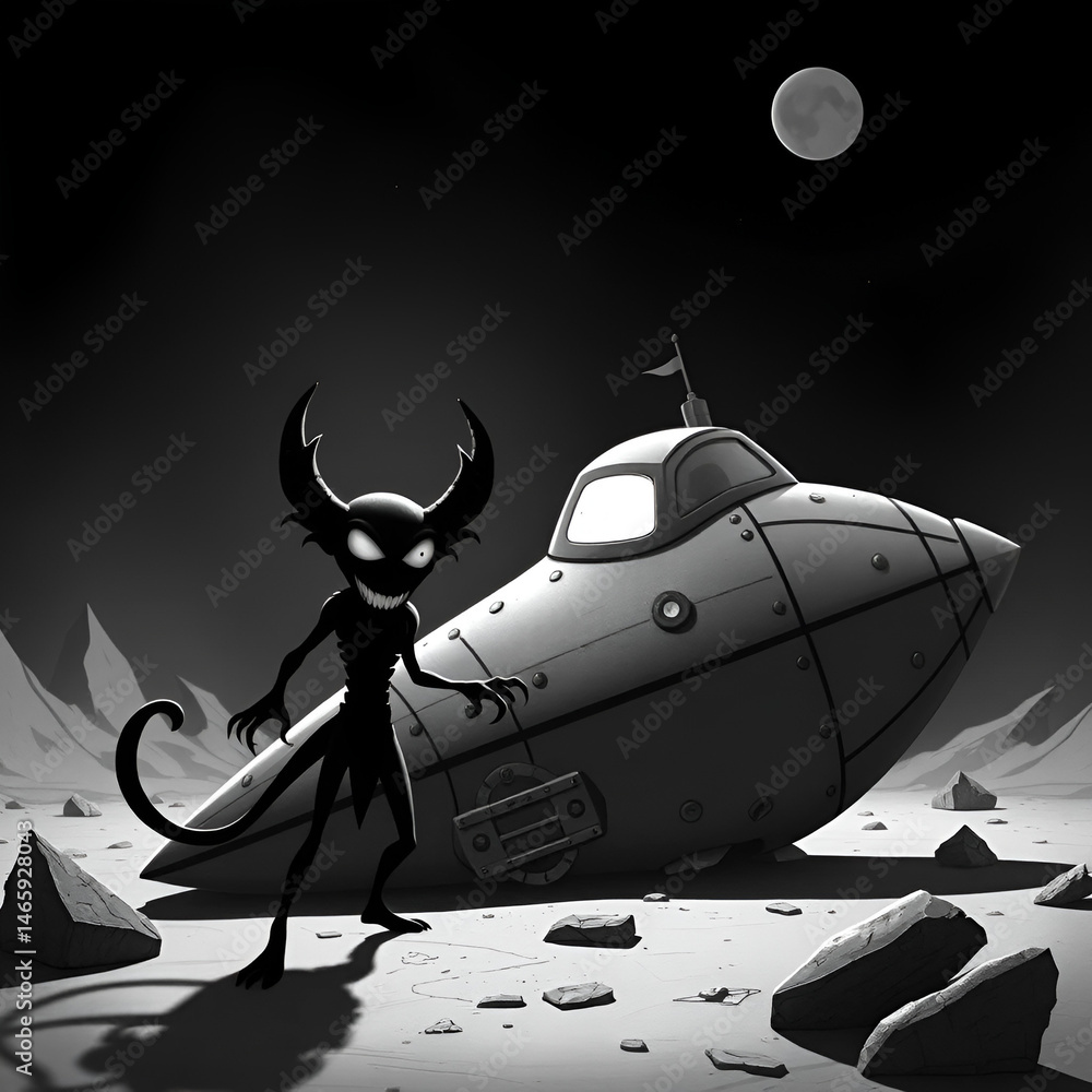 2D animation with devilish character. Scary monsters walks on lost ...