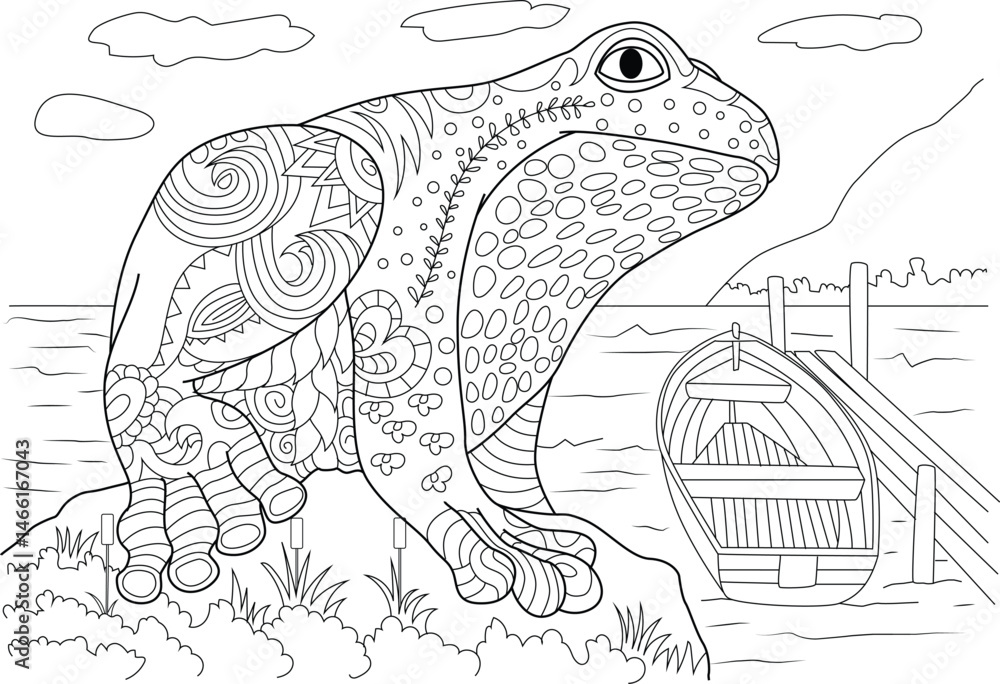 Zentangle Frog by the River: Relaxing Coloring Page, Detailed line art ...